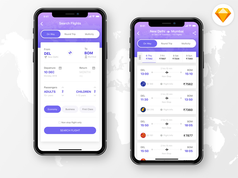 Flight Booking App UI - Sketch Resource - Freebie Supply