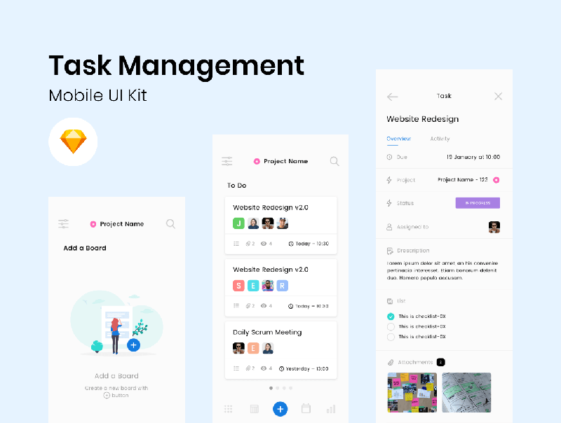 Task Management App Kit Sample - Free Sketch - Freebie Supply
