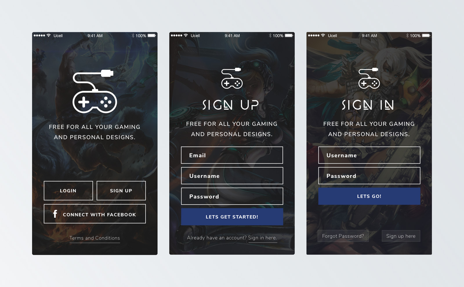 Gaming App Splash, Register and Sign Up Screens - Free Sketch - Freebie ...