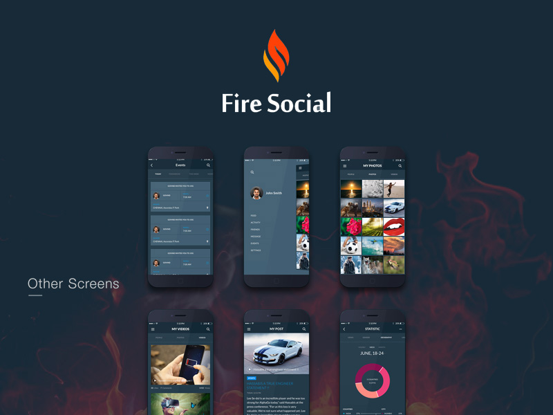 Fire Social App Mobile UI Kit PSD - Freebie Supply