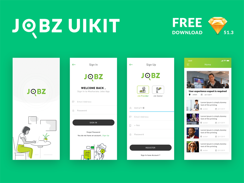 Jobz App Screens - Free Sketch - Freebie Supply