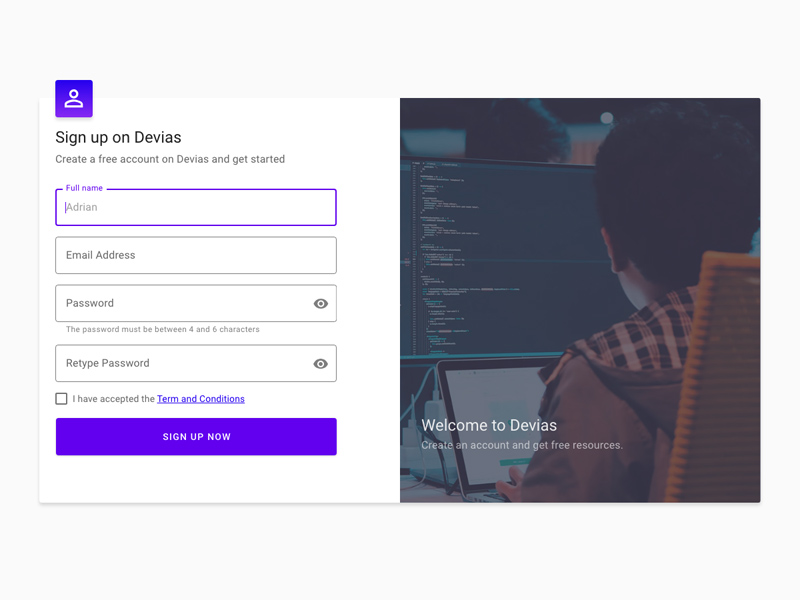 Material Design Sign Up / Register Form - Freebie Supply